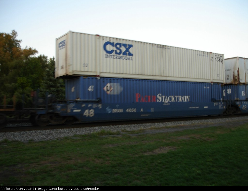 BRAN 4856A Double Stackcar w/CSX INTERMODAL Container & PACER STACKTRAIN Container EB